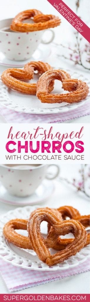 Heart-shaped churros with chocolate sauce