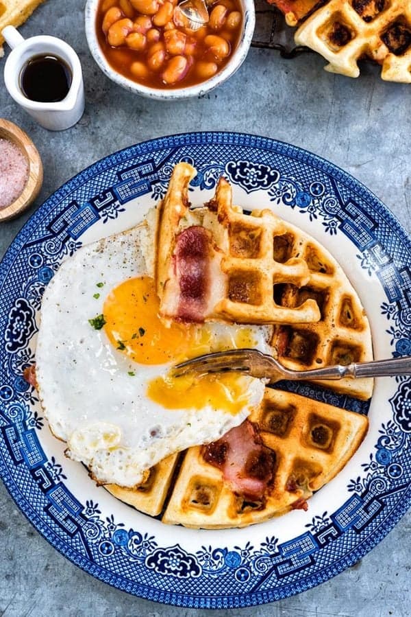 Savoury egg, cheddar and bacon breakfast waffles | Supergolden Bakes