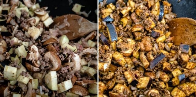 Spicy beef mince stir fry with eggplant and mushrooms