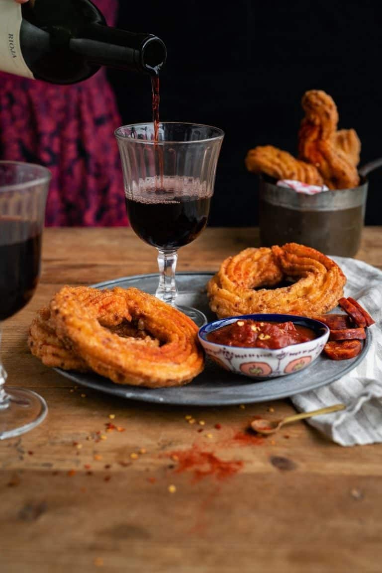 Savoury churros with garlicky tomato dipping sauce