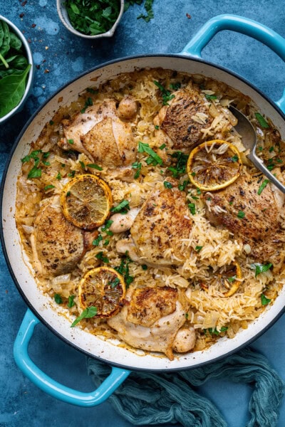 One Pot Greek Chicken and Lemon Rice - Supergolden Bakes