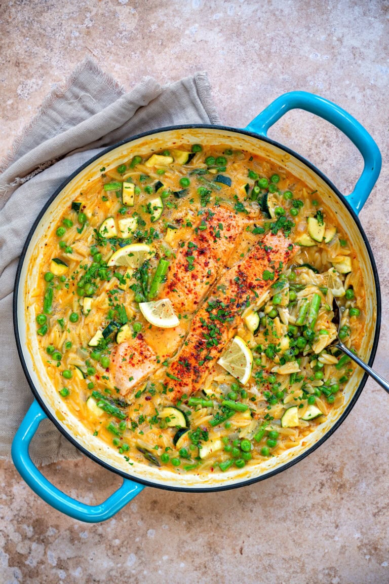 One Pan Salmon Orzo - Supergolden Bakes